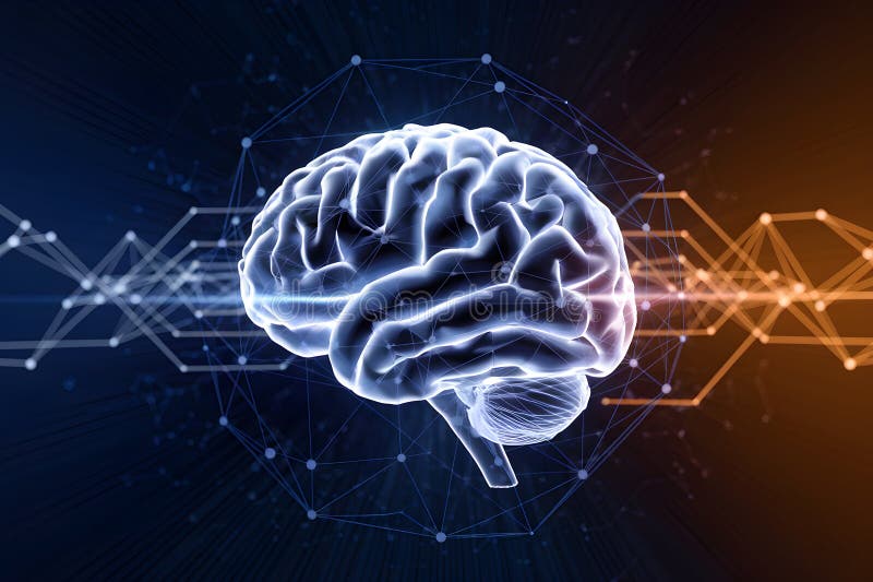 3D Brain Surrounded by Digital Nodes and Lines, Neural Network ...