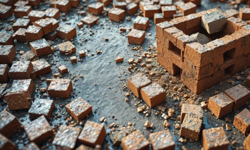 3D Brick Structure with Missing Roof, Surrounded by Scattered Bricks ...