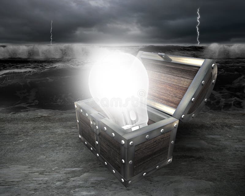 3D Bright Light Bulb in Treasure Chest Stock Image - Image of disaster ...