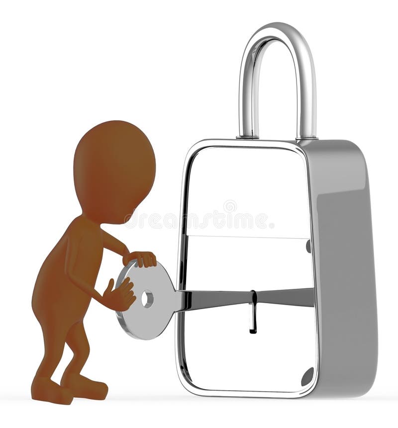 3d Brown Character Insterting a Key in To a Lock , Unlocking , Locking ...