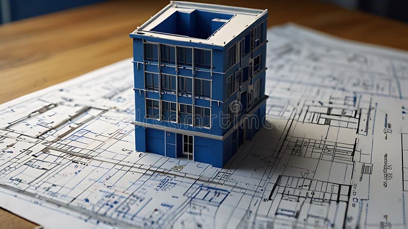 3D Building Model on Detailed Blueprints Showcasing Layout and ...