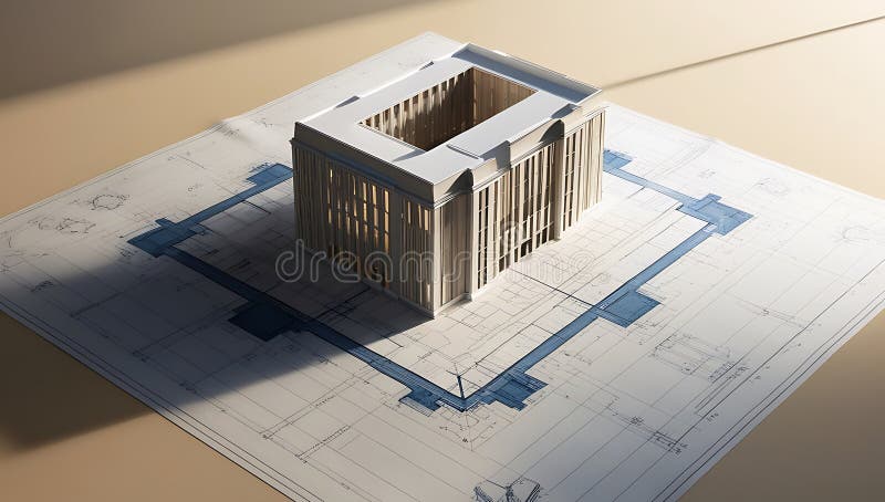 3D Building Model on Detailed Blueprints Showcasing Layout and ...