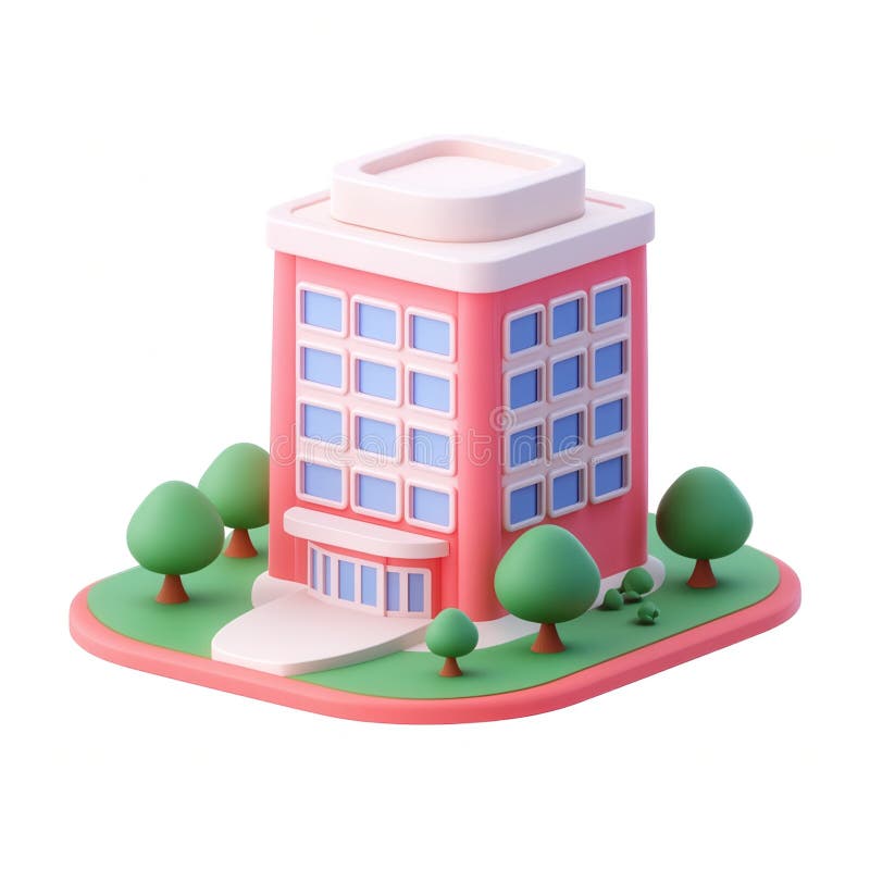 3d Building of a Pink Multi Story Perfect on a Patch of Grass, Icon for ...