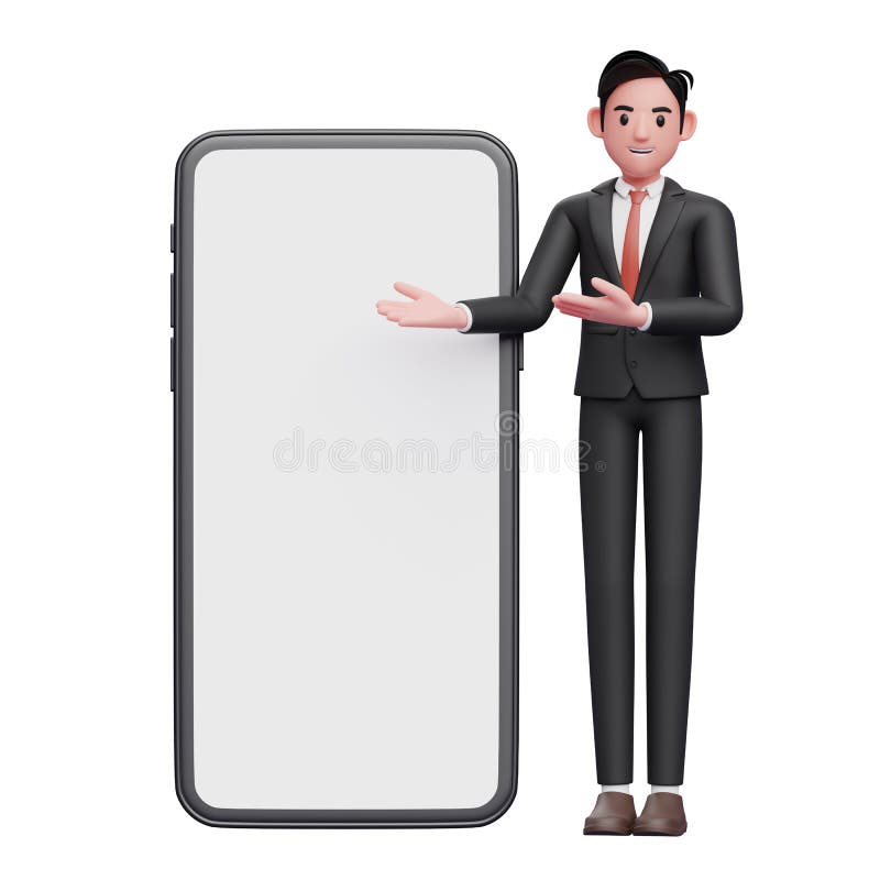3d Businessman in Black Formal Suit Presenting Big Mobile Phone with ...