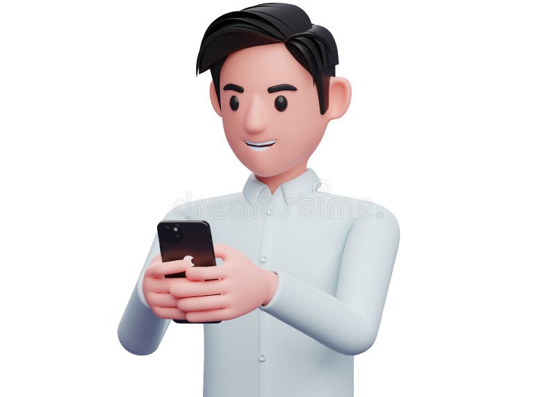 3d Businessman in Blue Shirt Typing Message with Cell Phone Stock ...