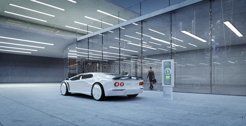 3d Businessman Parked Car Charging Outside Office Stock Illustration ...