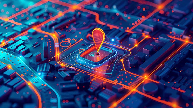 Isometric GPS Tracking Map with a Red Marker Pinpointing a Location on ...