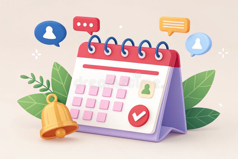 3D Calendar Notification Bell with Speech Bubbles Stock Illustration ...