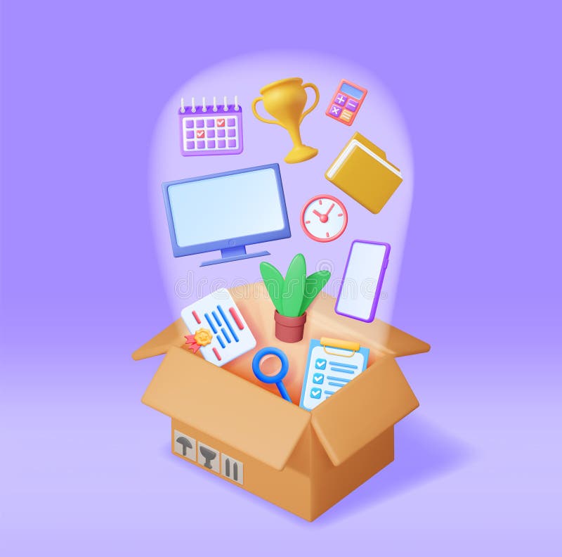 3D Cardboard Box Full of Office Stuff Stock Vector - Illustration of ...