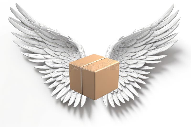 3D Cardboard Box with Wings on a White Background. Delivery Service ...