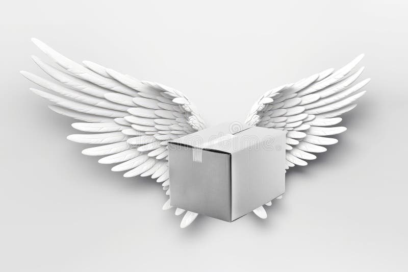 3D Cardboard Delivery Box with Angel Wings on White Background Stock ...