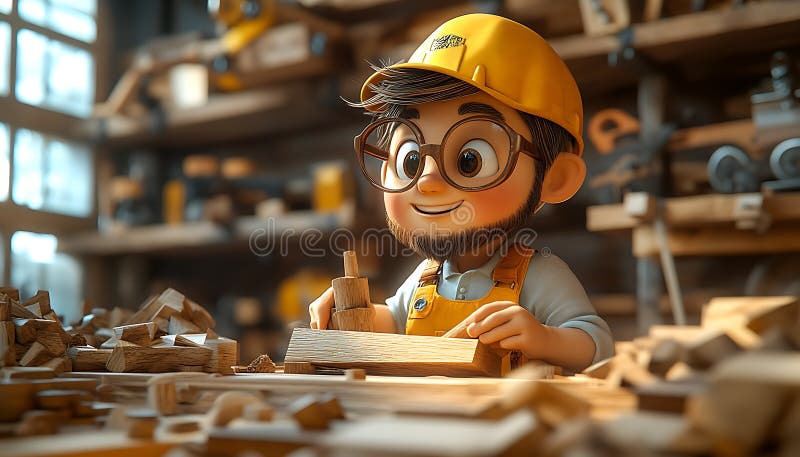 3D Carpenter Character Crafting Wood, Skillful and Precise Stock ...