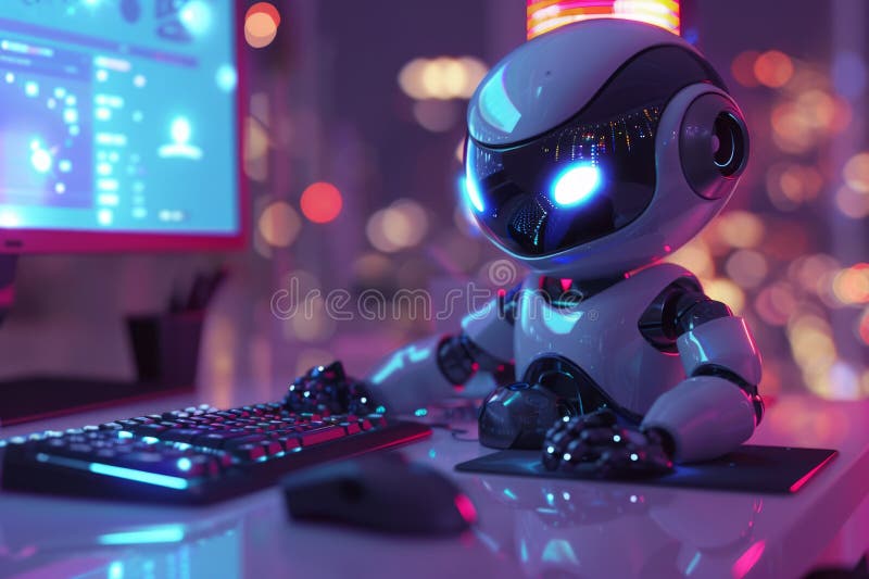3d Cartoon Robot Working in Computer Stock Illustration - Illustration ...