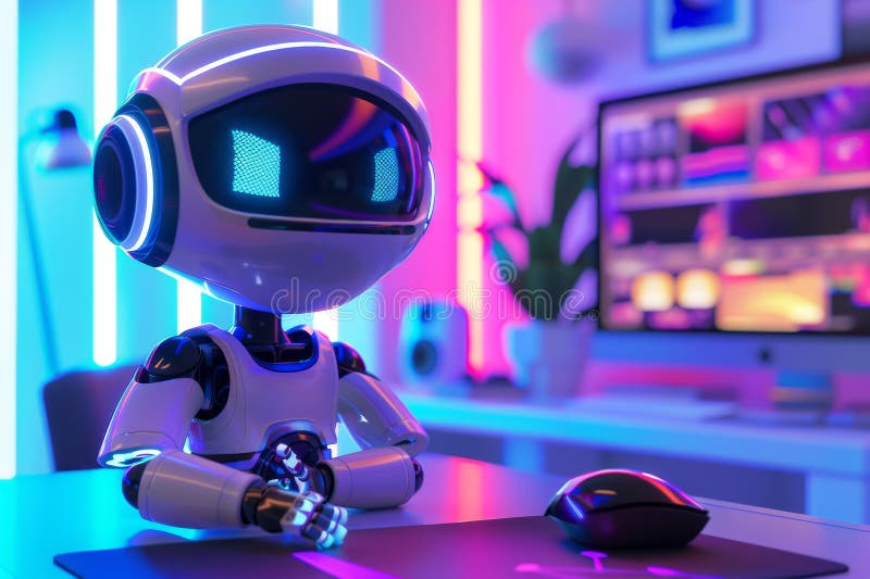 3d Cartoon Robot Working in Computer Stock Illustration - Illustration ...