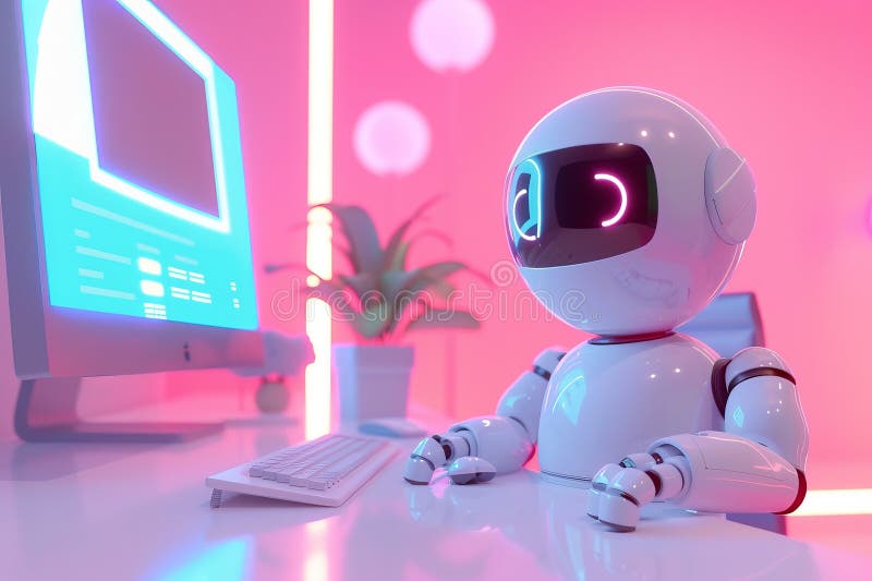 3d Cartoon Robot Working in Computer Stock Illustration - Illustration ...