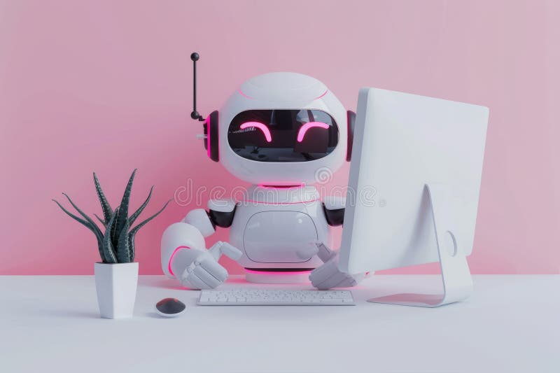 3d Cartoon Robot Working in Computer Stock Illustration - Illustration ...
