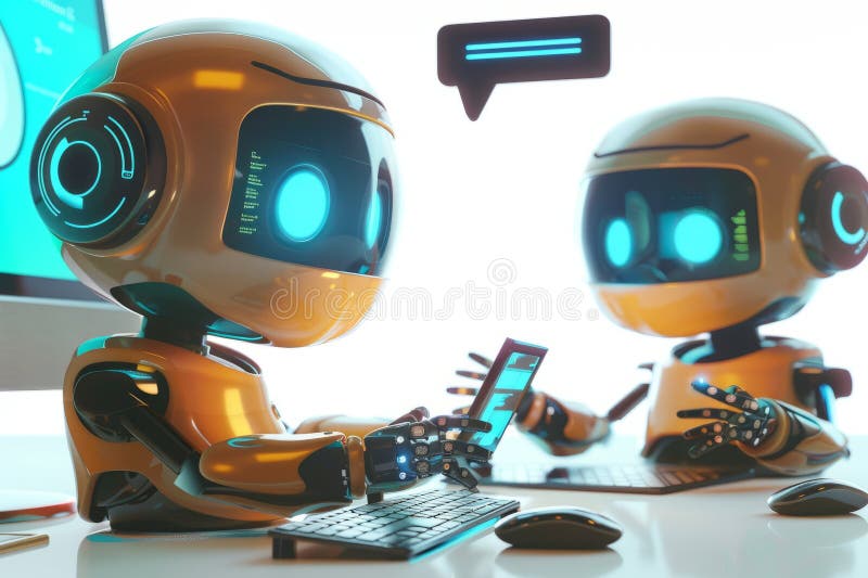 3d Cartoon Robots Working in Computer Stock Illustration - Illustration ...