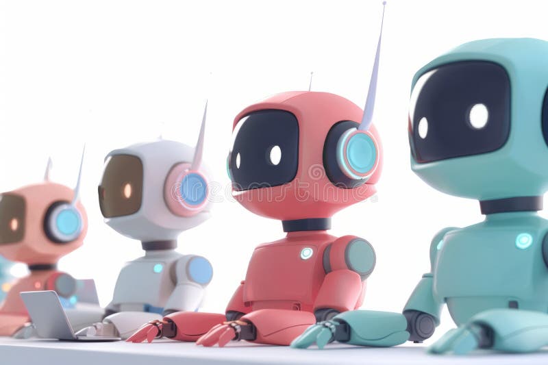 3d Cartoon Robots Working in Computer Stock Illustration - Illustration ...