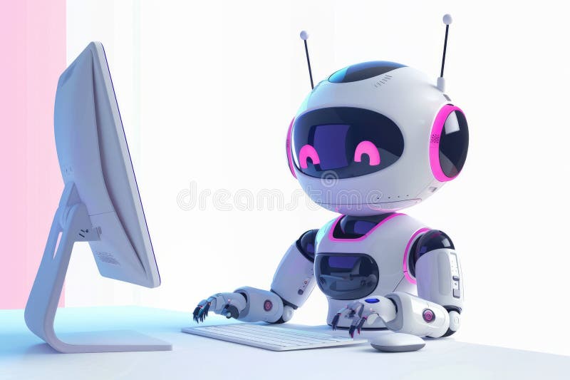 3d Cartoon Robots Working in Computer Stock Illustration - Illustration ...