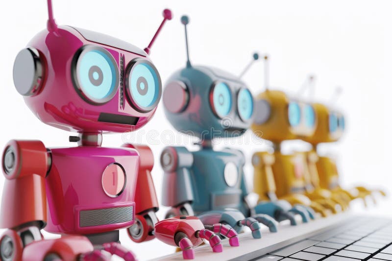 3d Cartoon Robots Working in Computer Stock Illustration - Illustration ...