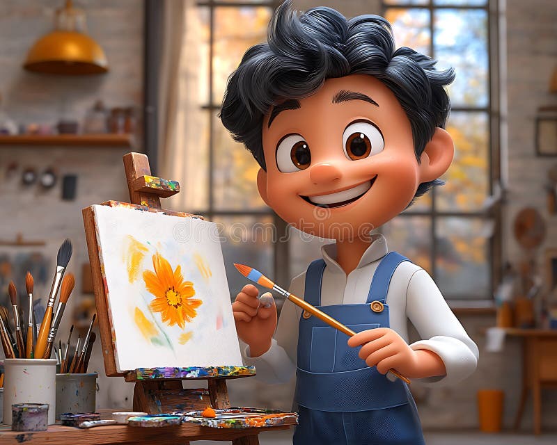 3D Cartoon Artist with a Paintbrush, Creative Flow Stock Illustration ...