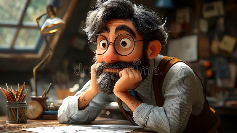 3D Cartoon Artist Sketching, Deep in Thought Stock Illustration ...