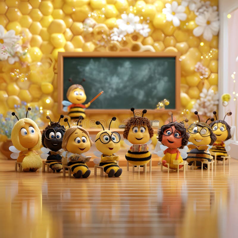 3D Cartoon Bee Characters in a Whimsical Classroom Stock Illustration ...