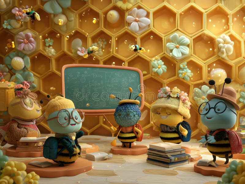 3D Cartoon Bee Characters in a Whimsical Classroom Stock Illustration ...