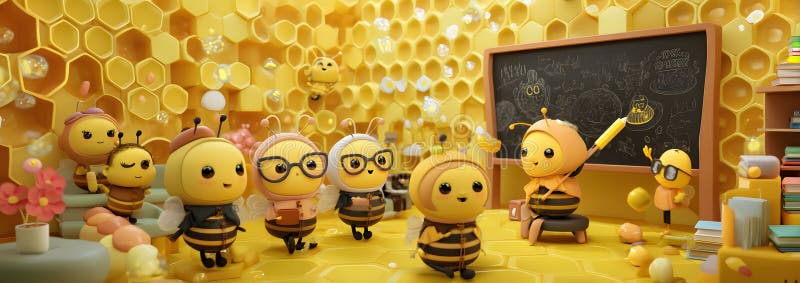 3D Cartoon Bee Characters in a Whimsical Classroom Stock Illustration ...