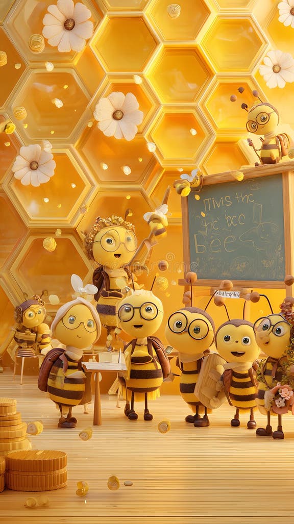 3D Cartoon Bee Characters in a Whimsical Classroom Stock Illustration ...