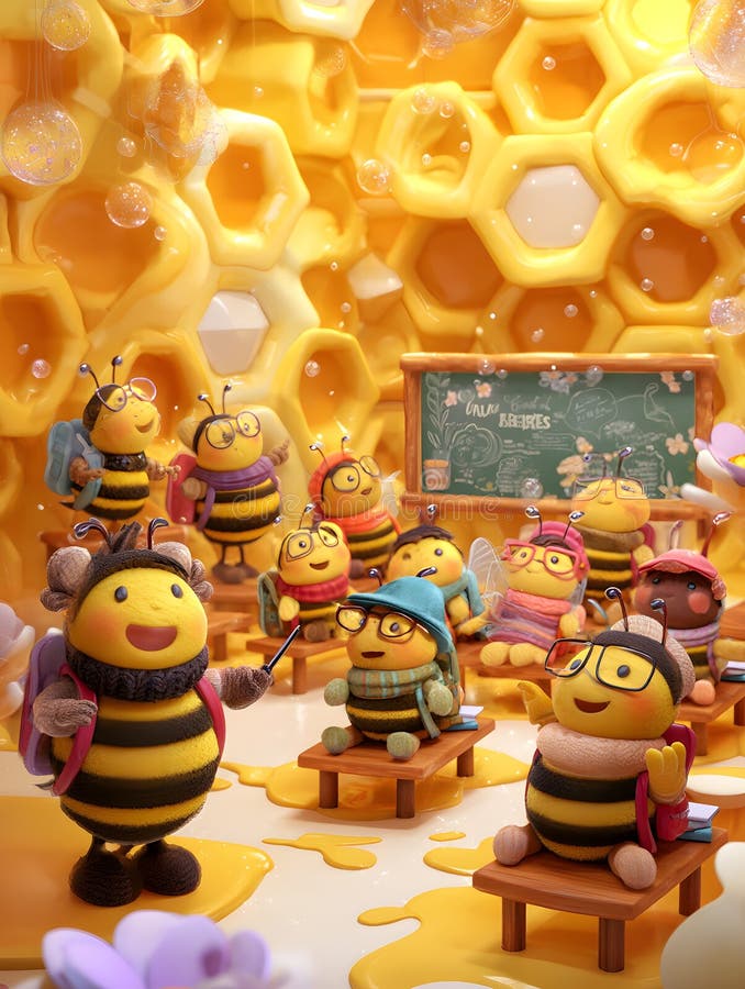 3D Cartoon Bee Characters in a Whimsical Classroom Stock Illustration ...