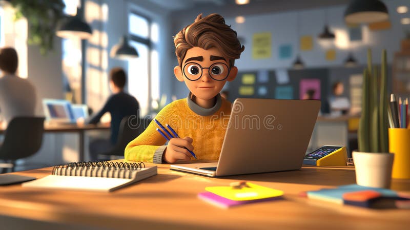 3D Cartoon Boy Studying Laptop Illustration Stock Illustration ...