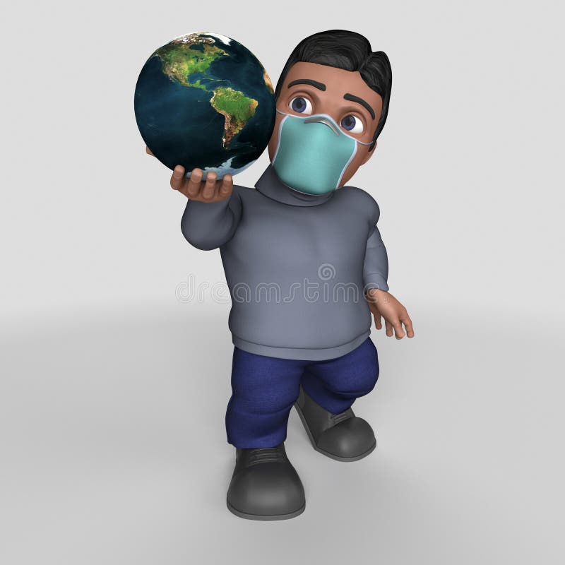 3D Cartoon Casual Character in Face Mask Stock Illustration ...
