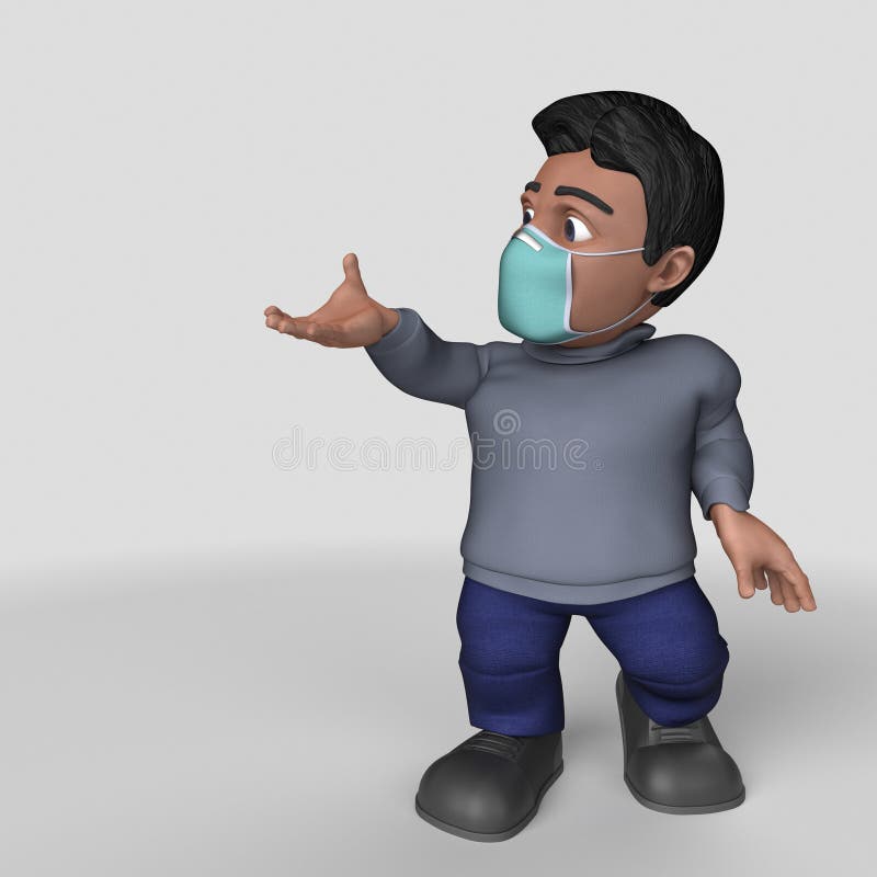 3D Cartoon Casual Character in Face Mask Stock Illustration ...