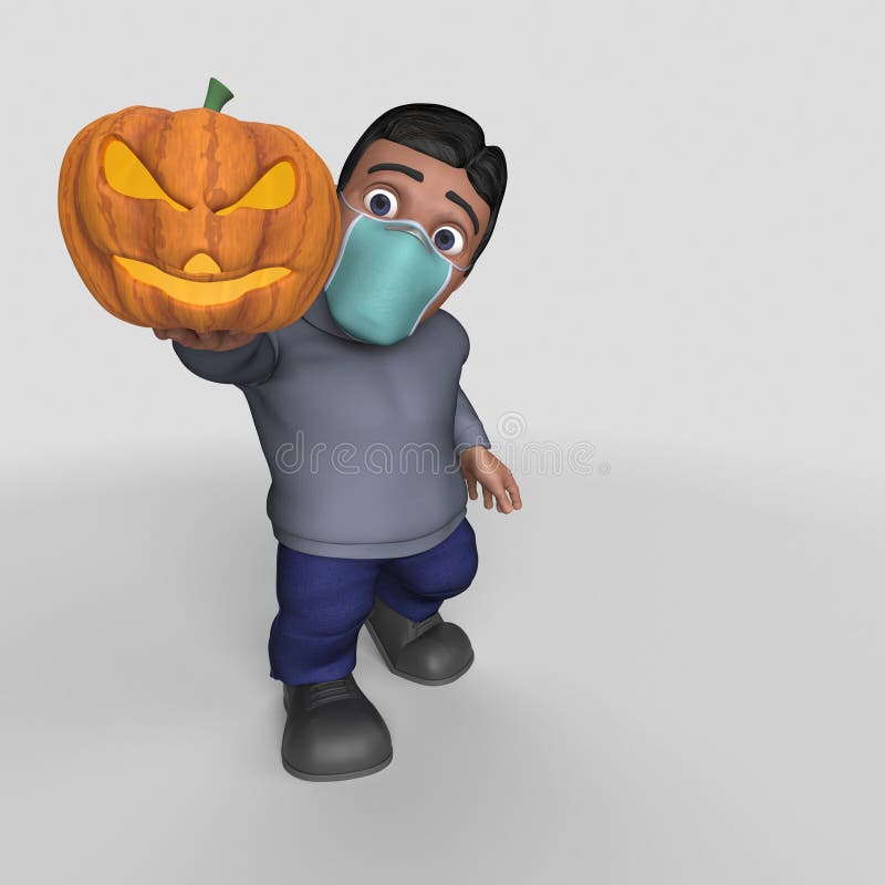 3D Cartoon Casual Character in Face Mask Stock Illustration ...