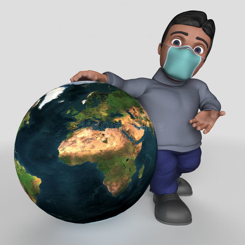 3D Cartoon Casual Character in Face Mask Stock Illustration ...