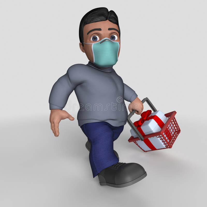 3D Cartoon Casual Character in Face Mask Stock Illustration ...