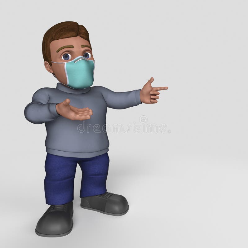 3D Cartoon Casual Character in Face Mask Stock Illustration ...