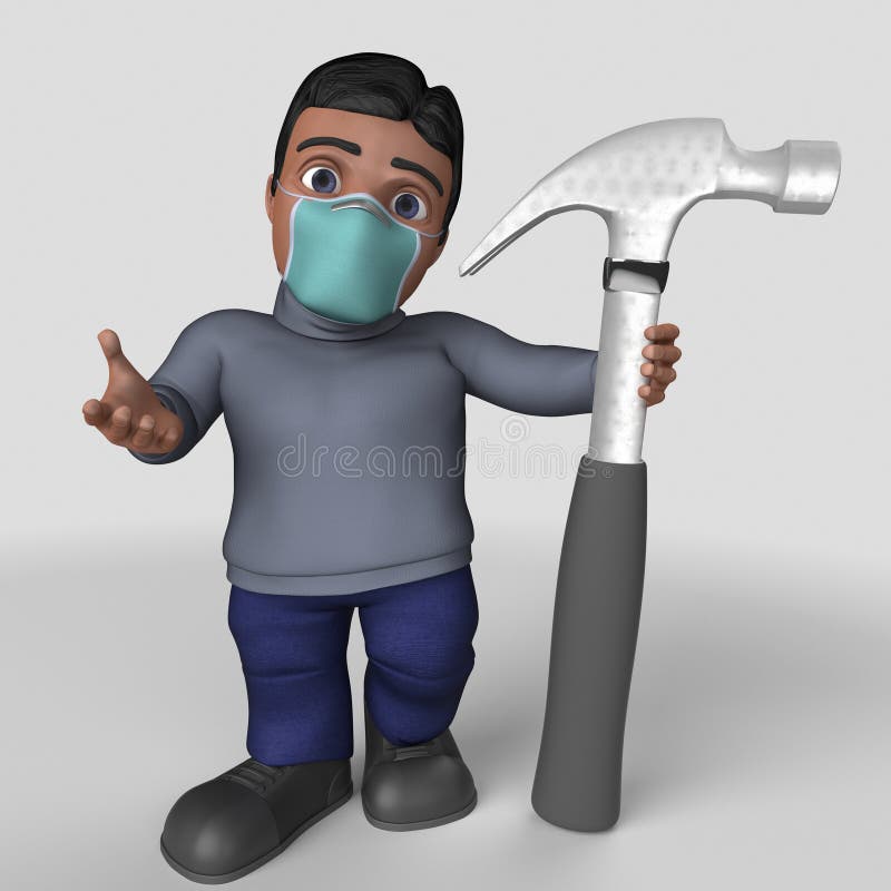 3D Cartoon Casual Character in Face Mask Stock Illustration ...