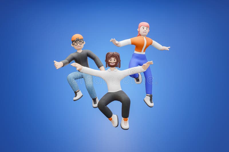 3D Cartoon Character a Group of Friends Jumping into Teamwork Stock ...