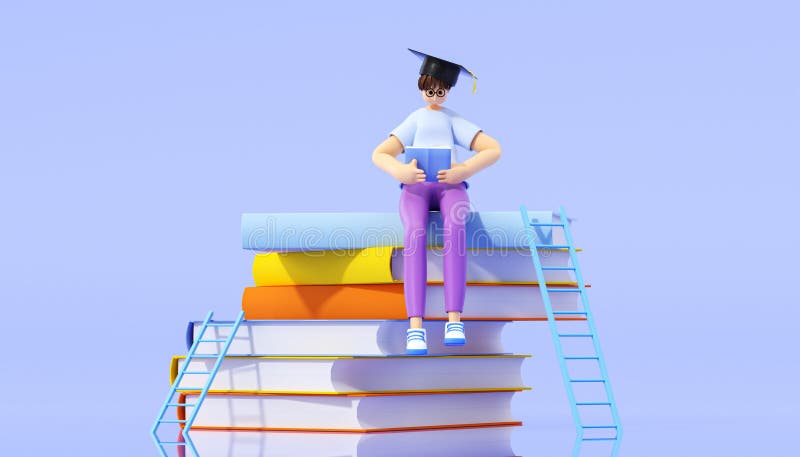 3d Cartoon Character Learning Scene Set on Book Stock Illustration ...