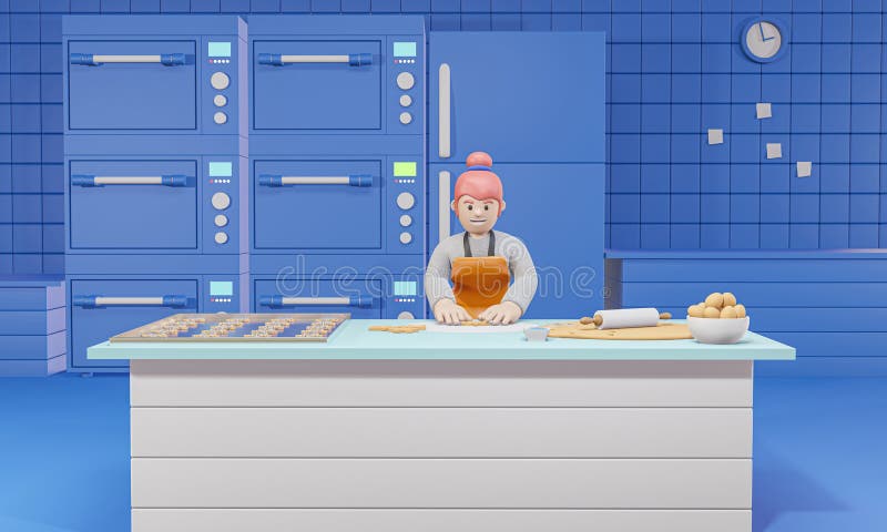3D Cartoon Character Pink Haired Woman Making Cookies in Kitchen Stock ...