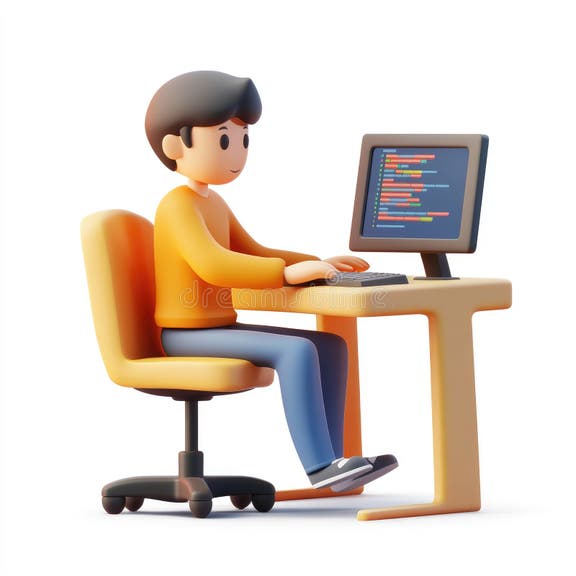 3D Cartoon Programmer Working on Computer Stock Illustration ...