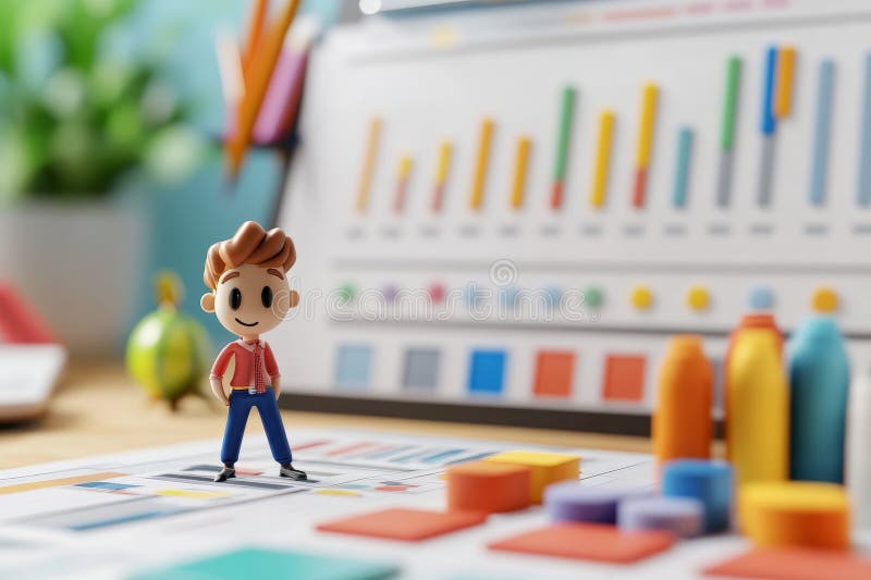 A 3D Cartoon Character Stands on a Chart Looking at a Bar Graph ...