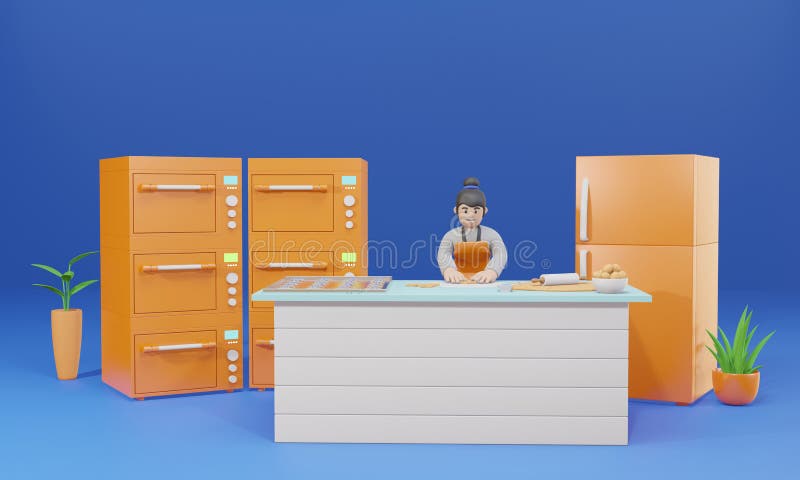 3D Cartoon Character Woman Making Cookies in Kitchen Stock Illustration ...
