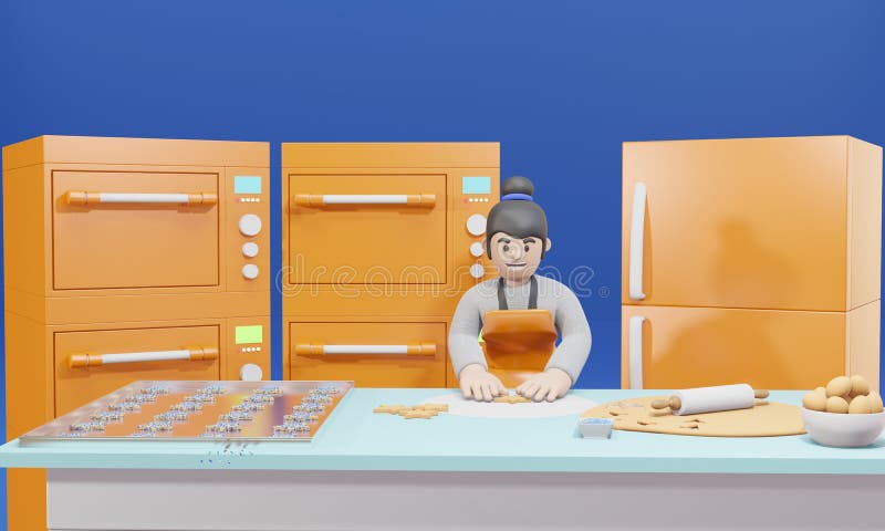 3D Cartoon Character Woman Making Cookies in Kitchen Stock Illustration ...