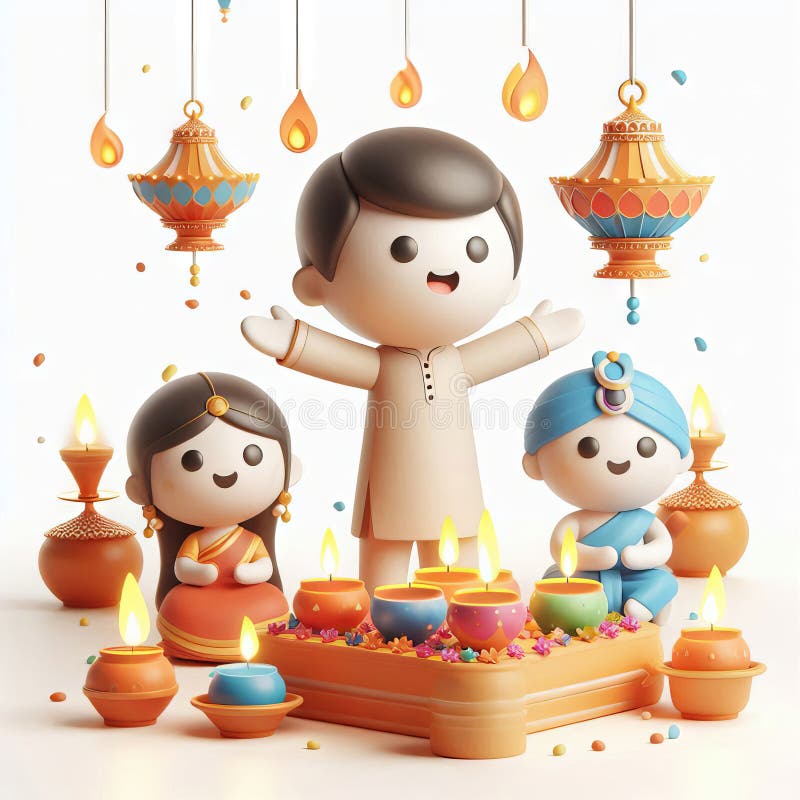 3D Cartoon Characters Celebrating Diwali Stock Illustration ...