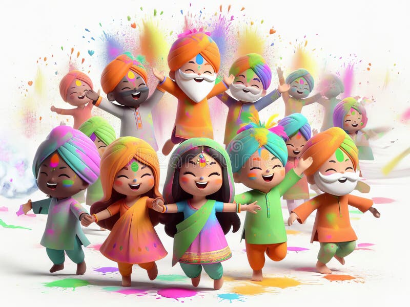 3D Cartoon Characters Celebrating Holi Stock Illustration ...