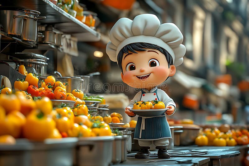 3D Cartoon Chef, Cooking in a Kitchen, Vibrant Colors Stock ...