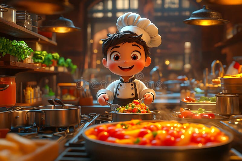 3D Cartoon Chef, Cooking in a Kitchen, Vibrant Colors Stock ...